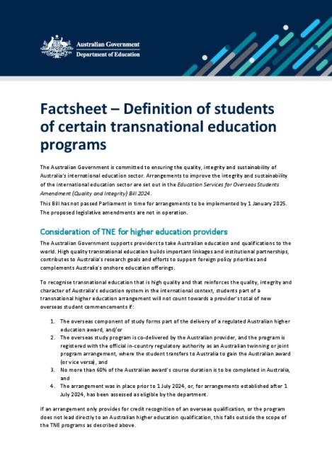Factsheet – Definition of students of certain transnational education programs - Department of ...